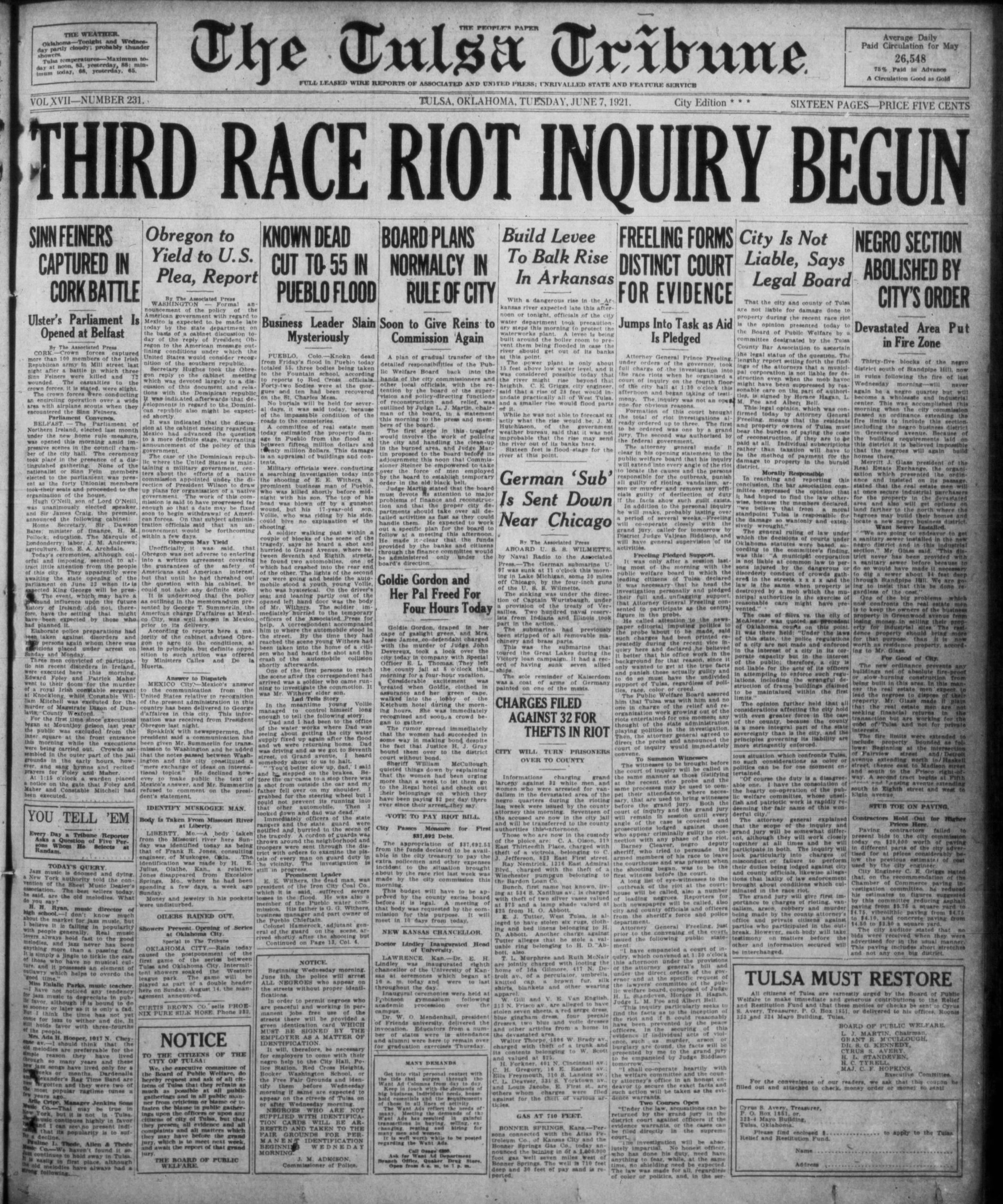 Tulsa Race Massacre from the Tulsa Tribune, June 1-9, 1921 ...